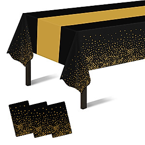 3 Pack Graduation Tablecloth, Graduation Party Decorations, Black and Gold Tablecloths for Rectangle Tables, 54" x 108" Disposable Plastic Table Cloth for Parties, Graduation Party Supplies, Wedding