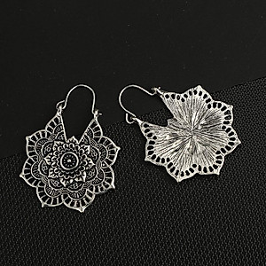 Hithop Vintage Mandala Flower Drop Dangle Earring for Women Tribal Hollow Floral Pendant Earrings (Silver)
