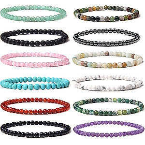 SONNYX 12 Pieces 4mm Mini Gemstone Bracelets for Women Men Natural Stone Bracelets Handmade Crystal Beaded Stretch Bracelet Unisex Couple Bracelets