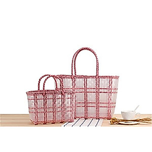 Women Straw Tote Bag Handmade Rattan Transparent Handbag Beach Handwoven Shoulder Bag Large Capacity Shopping Bag (Pink,L)
