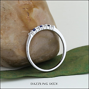 Dazzlingrock Collection 14K Round Blue Sapphire And White Diamond 7 Stone Bridal Wedding Band, White Gold, Size 10