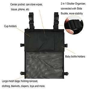 Beautyflier Mesh Stroller Organizer with Extra Large Storage, Universal Stroller Caddy Baby Cup Holders Diaper Storage Accessories Compact Design Fit Any Strollers, Black