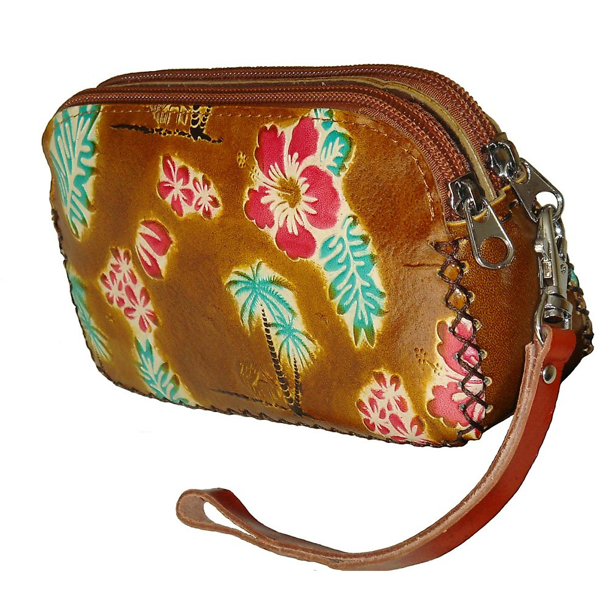 Leather Purse/wallet,two Zipper for Two Separate Rooms, Lovely Hawaii Scenery (Brown)