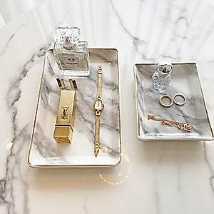 April Box Valet Marble Tray set of 2 – Marble Console Table Trays – Key Trays –Vanity Trays–Jewelry dish– Decorative Tray Organizer for Watch, Wallet, Perfume, Keys – Made of Thick and Durable Ceramic
