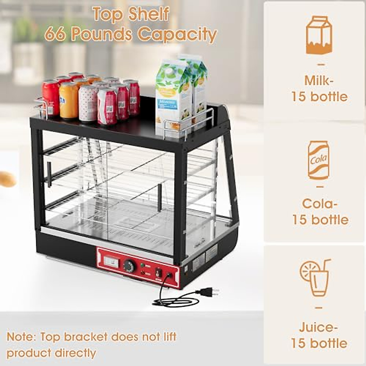 Cabinet, 27 inch Commercial Food Warming Cabinet 3 Tier Countertop Heated with Top Rack for Pizza/Pretzel Three Color Temper Glass w/Thermometer Adjustable Thermostat for Cafe Kitchen Restaurant