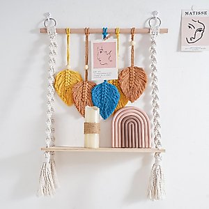 UOIXPUHUO Boho Shelves Macrame Wall Hanging Shelf Tier 1, Handmade Boho Macrame Wall Decor Colorful Leaves Woven, Floating Hanging Plant Shelf Storage Organizer for Bathroom Bedroom Nursery