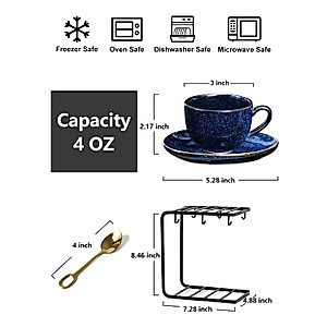 vicrays Ceramic Espresso Coffee Cups Set 4 oz Porcelain Espresso Cups with Saucers Spoons and Metal Stand for Tea Cafe Cappuccino Latte - Set of 6 - Blue