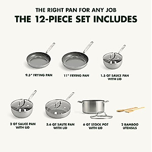 GreenPan Chatham Tri-Ply Stainless Steel Healthy Ceramic Nonstick 12 Piece Cookware Pots and Pans Set, PFAS & PFOA-Free, Multi Clad, Induction Suitable, Dishwasher Safe, Oven & Broiler Safe, Silver