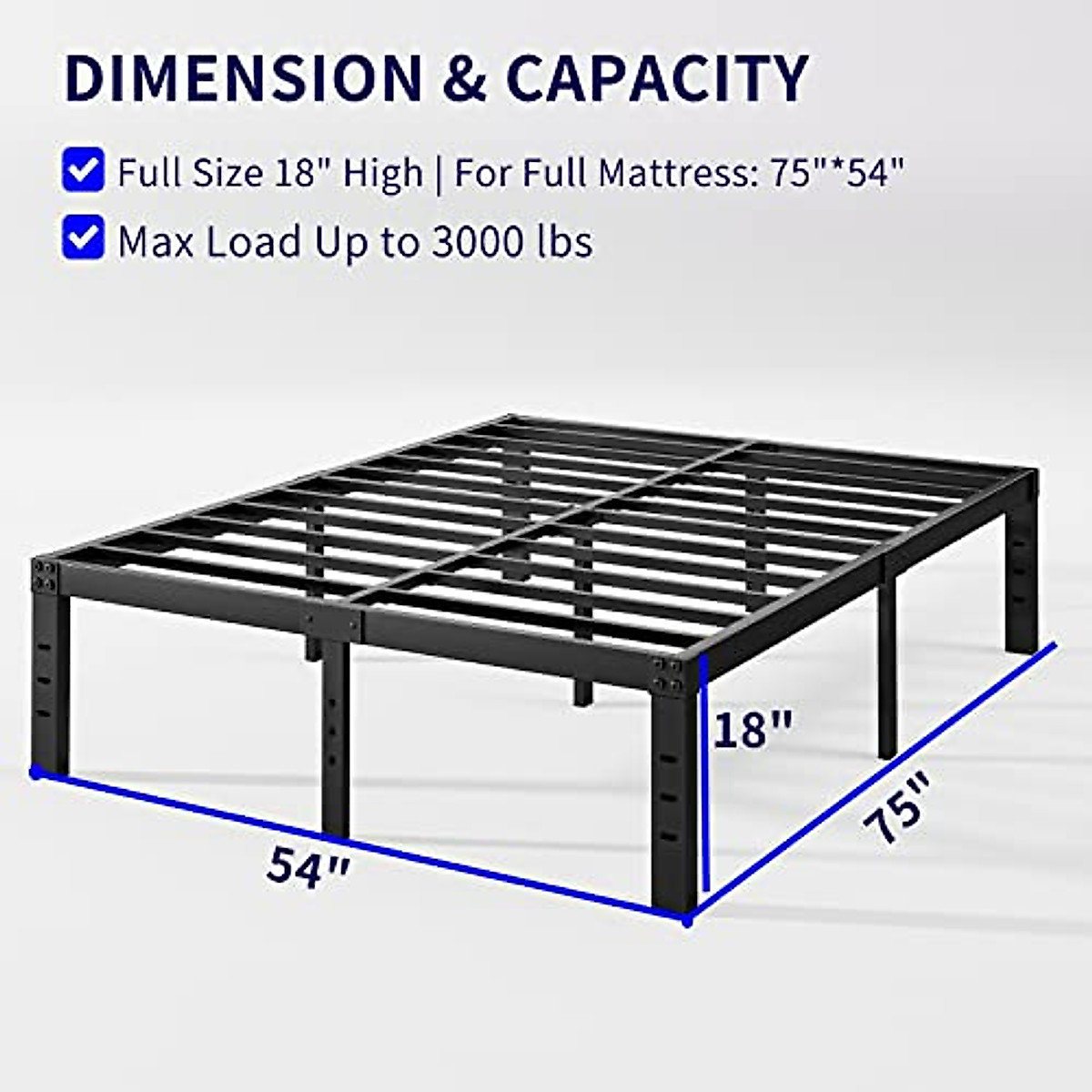 Neslime 18 Inch Full Size Bed Frame No Box Spring Needed, Heavy Duty Metal Platform Bed Frame Full for Heavy People, Easy Assembly, Noise Free, Black