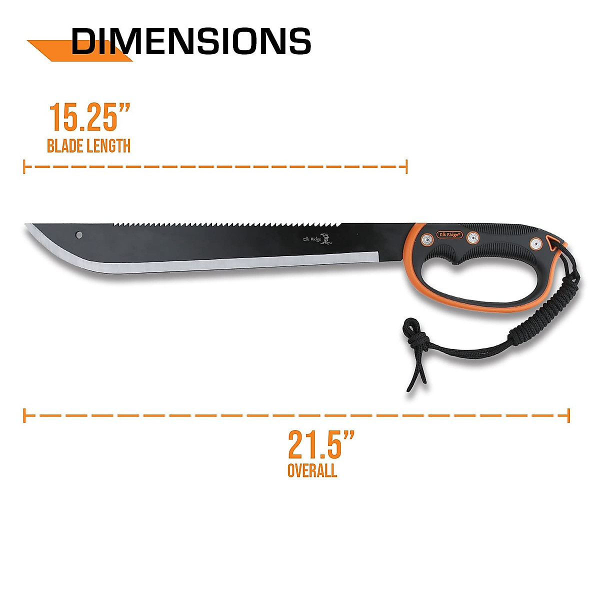Elk Ridge - Outdoors Fixed Blade Machete - 21.5-in Overall, Black Reverse Serrated Stainless Steel Blade, Orange and Black Injection Molded Handle with Lanyard, Nylon Sheath, Camping, Hunting, Survival - ER-279S