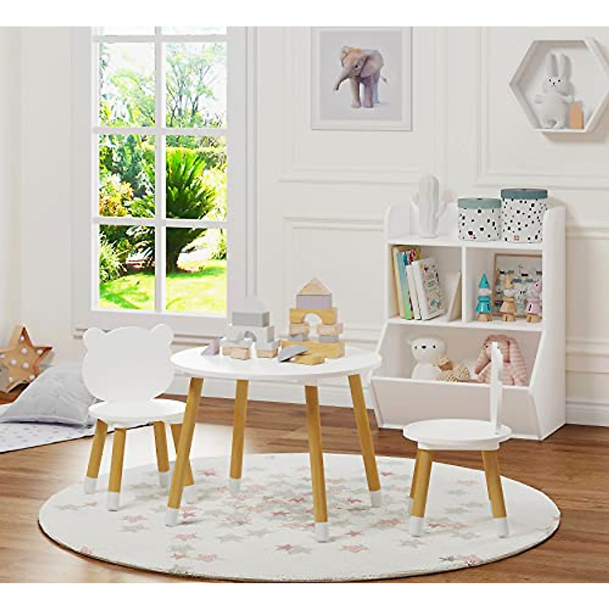 UTEX Kids Wood Table and Chair Set, Kids Play Table with 2 Chairs,3 Pieces Round Play Tablet for Toddlers, Girls, Boys,White