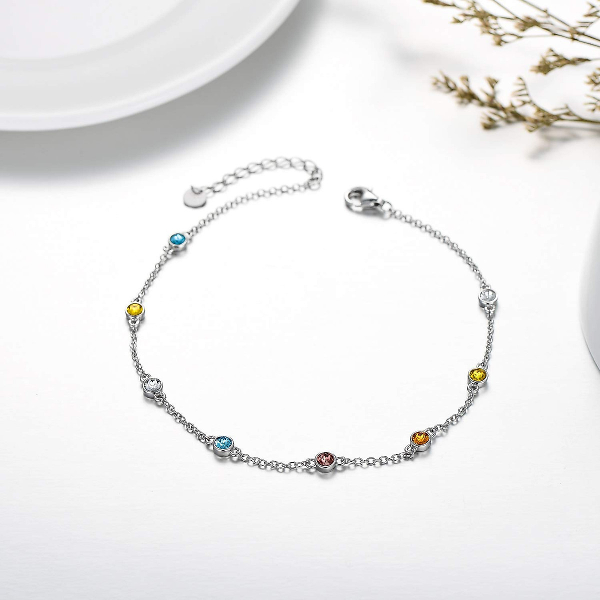 Sterling Silver Rainbow Planet Galaxy Anklet Ankle Bracelet with Multicolor Swarovski Crystals, Wonderful Beach Time Anklet for This Spring & Summer, Anniversary Birthday Jewelry Gifts for Women