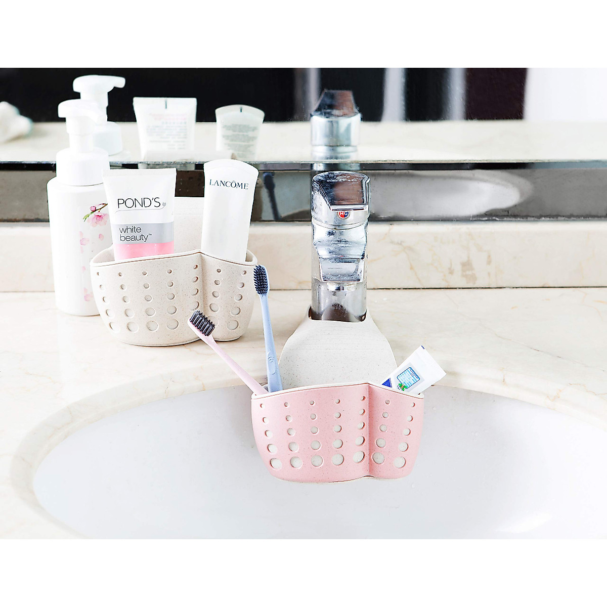 Hanleydepot sink caddy sponge holder for kitchen sink faucet hanging caddy organizer for sponge, brush, soap and towel Blue