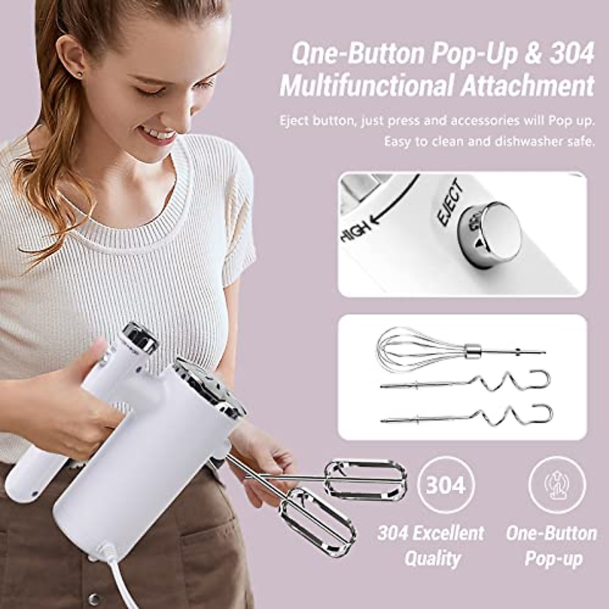 BAIGELONG Hand Mixer Electric, 500W Ultra Power Handheld Mixer with Continuously Variable Speed Control, 5 Stainless Steel Accessories Kitchen Mixer for Baking, Dishwasher Safe, White Silver