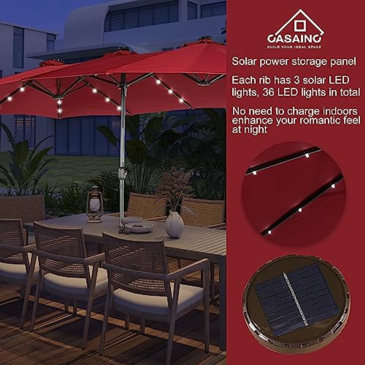 CASAINC 15 FT Solar LED Patio Umbrella with Base Double-Sided Extra Large Outdoor Umbrella Market Rectangular Twin Umbrella w/Crank for Garden Deck Lawn Pool Backyard-Burgundy (with Lights)