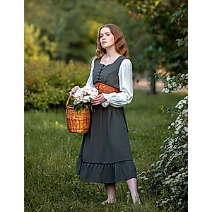 Renaissance Faire Costume Women Long Sleeve Midi Dress Modest Dress A Line Ruffle Medieval Dress Green L
