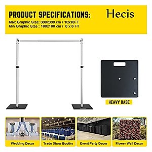 Hecis Pipe and Drape, Portable Pipe and Drape Backdrop Stand with Crossbar, Adjustable Pipe and Drape Backdrop Kit for Event， Party, Trade Shows and Wedding Decor, 10FTX10FT Double Crossbar