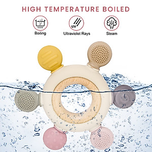 Baby Teething Toys Silicone Teethers BPA Free Silicone Rudder with Wooden Ring Soothe Babies Gums (Khaki)