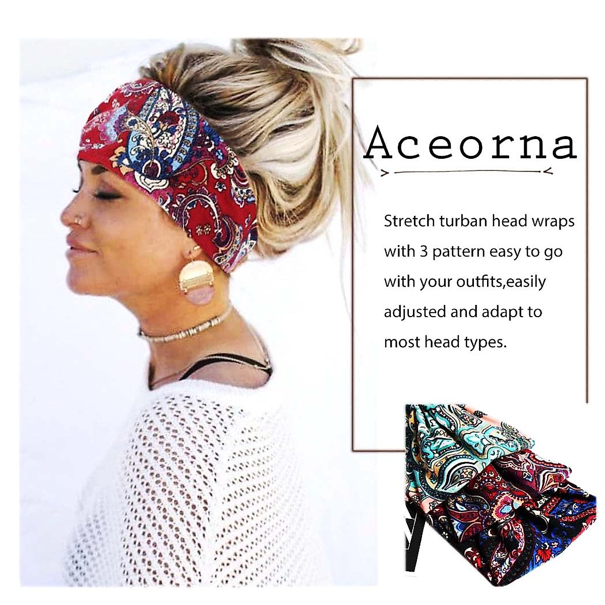Aceorna Boho Headbands Wide Knot Hair Band Elastic Turban Head Band Stretch Twist Head Wraps Fashion Hair Accessories for Women 3 Pcs (Set F)