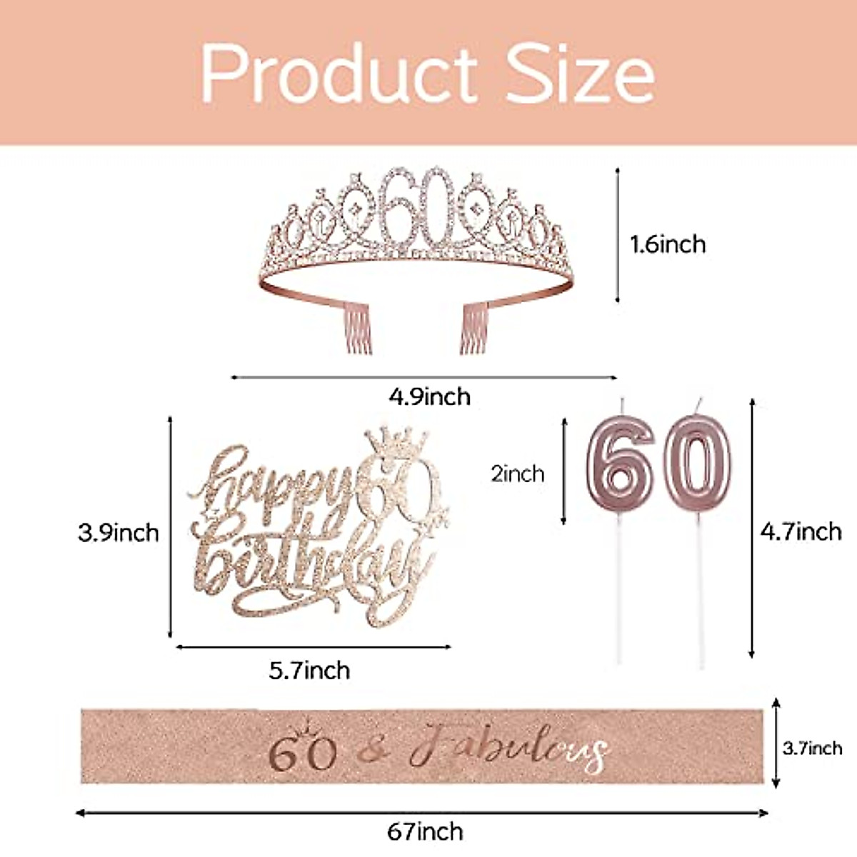 BEAN LIEVE 60th Birthday Decorations - Including 60th Birthday Sash, 60th Birthday Diamond Crown/Tiara, Birthday Candles and Cake Toppers, Rose Gold Maiden Gift 60th Birthday Celebration.