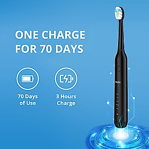 Electric Toothbrush Sonicare with 6 Brush Heads, Toothbrush for Adults and Kids, 30000 VPM, Deep Clean 5 Modes with 2 Minutes Timer, Tongue Coating Brush, One Charge for 70 Days (009 Black)