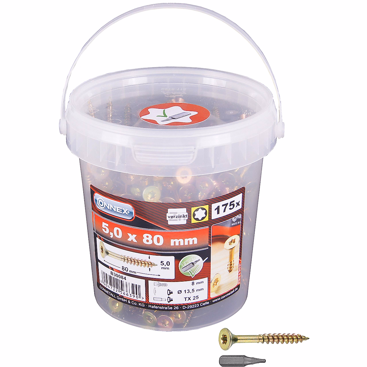 CONNEX B30084 Uni-Screws TX Bucket 5,0x80 a 175pcs, Silver, 5,0 x 80 mm (175 Stück)