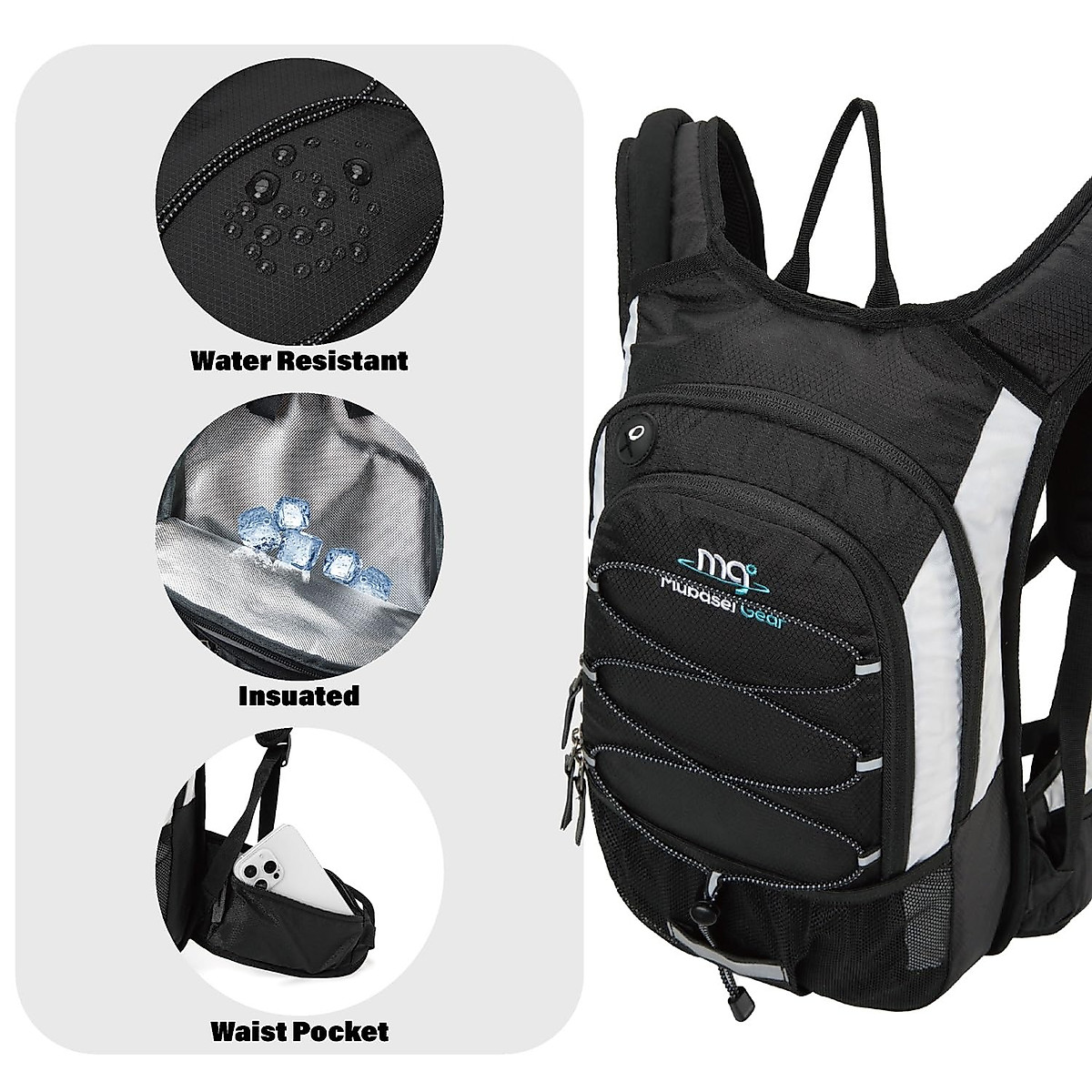 Insulated Hydration Backpack Pack with 2L BPA Free Bladder - Keeps Liquid Cool up to 5 Hours – for Running, Hiking, Cycling, Camping (Black White)