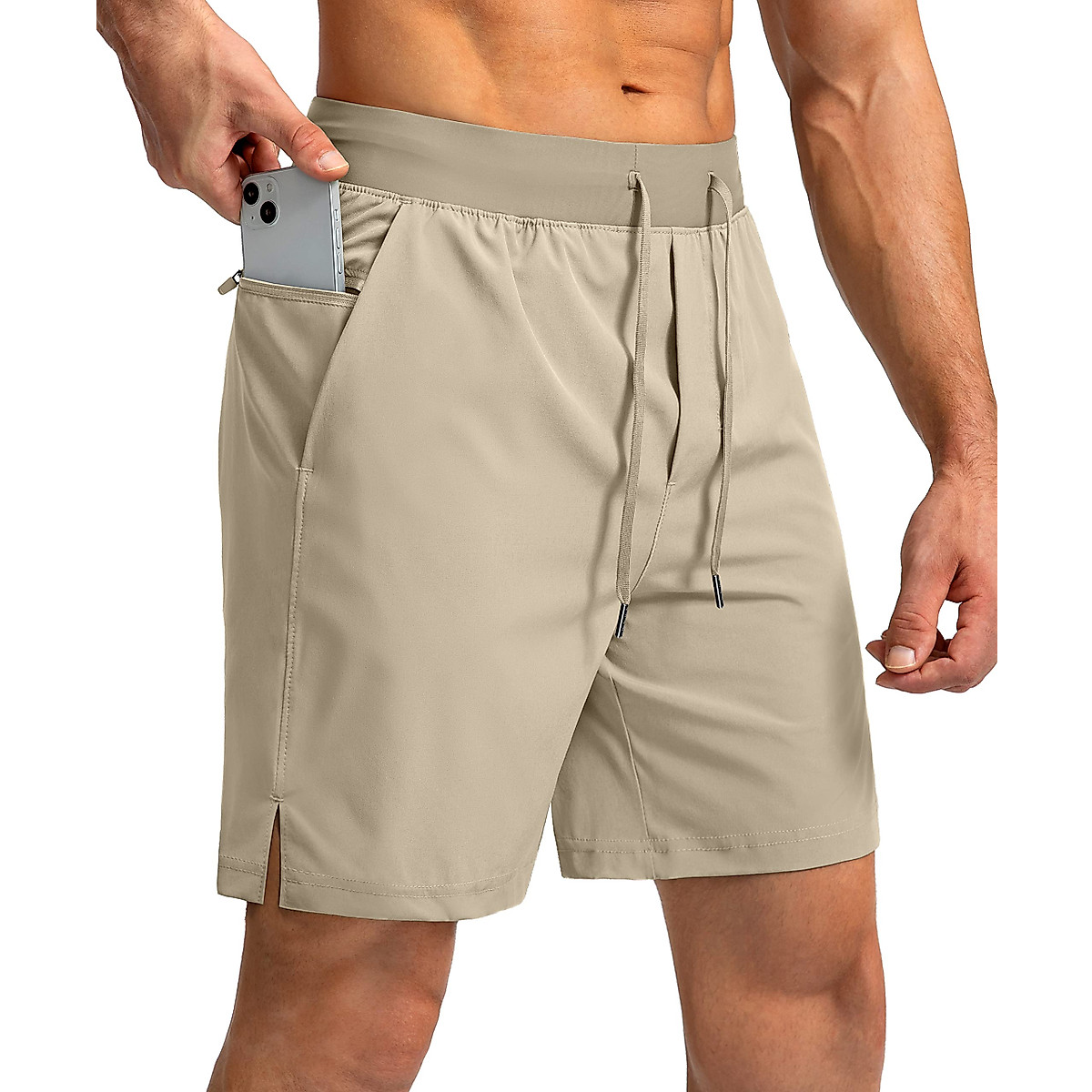Men's Running Shorts with Zipper Pockets 7 Inch Lightweight Quick Dry Gym Athletic Workout Shorts for Men (Khaki, L)