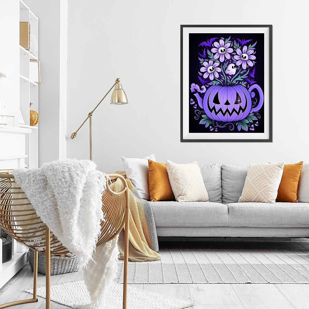 RICUVED Diamond Art, Halloween Pumpkin Diamond Art Kits for Adults Full Round Drill, DIY 5D Skeleton Flowers Diamond Dots Painting Arts and Crafts Gift Home Wall Decor 12x16Inch