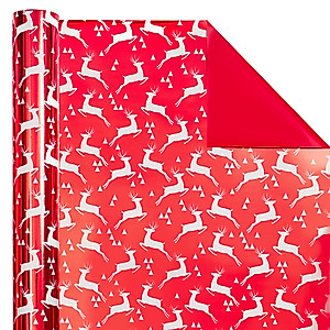 WRAPAHOLIC Reversible Christmas Wrapping Paper - Mini Roll - 17 Inch X 33 Feet - Red Reindeer and Solid Red Design with Metallic Foil Shine for Chrsitmas, Holiday, Party Celebration