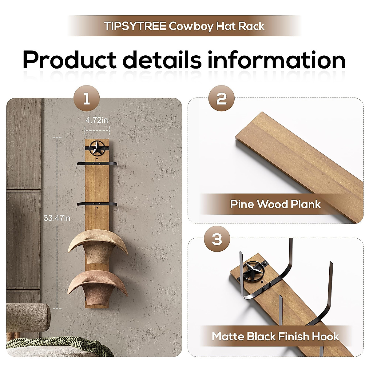 TIPSYTREE Cowboy Hat Rack, 4 Pieces Cowboy Hat Holder with Rustic Wooden Board for wall, Metal, Wall Hat Storage Organizer for Hat Collection Western Room Décor