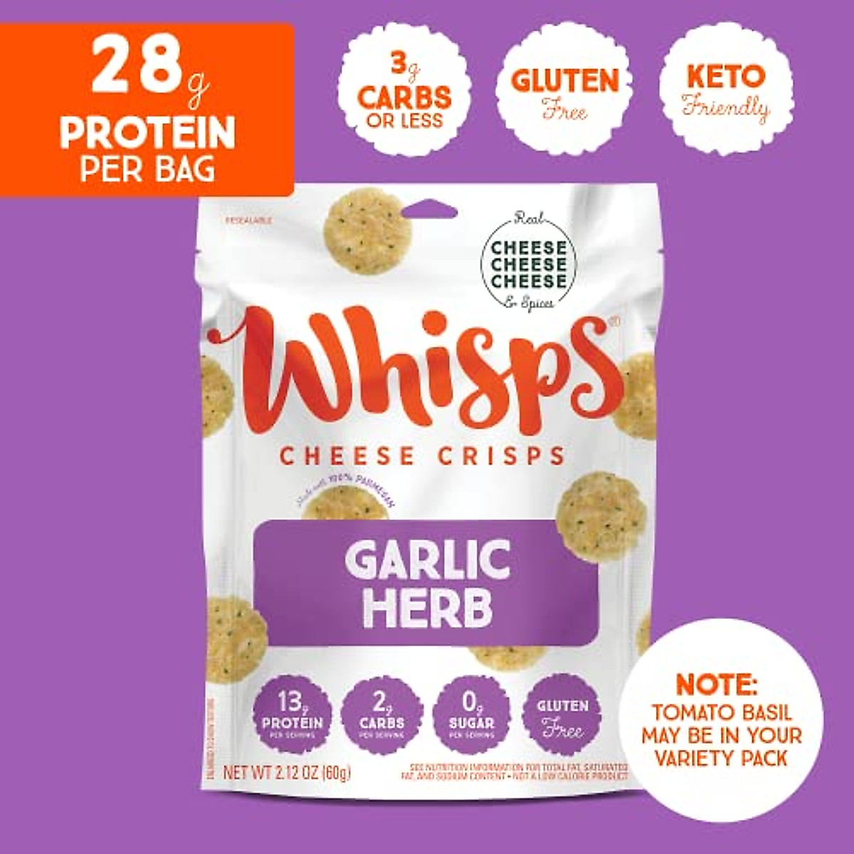 Whisps Cheese Crisps - Parmesan, Asiago, Tomato Basil, BBQ, & Cheddar Cheese Snacks, Keto Snacks, 21-29g of Protein Per Bag, Low Carb, Gluten & Sugar Free, Great Tasting Healthy Snack, All Natural Cheese Crisps - Variety, 2.12 Oz (Pack of 5)