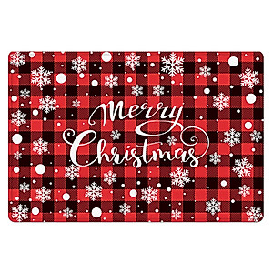HVEST Christmas Memory Foam Bath Mat, White Merry Christmas on Red and Black Plaid Background Non Slip Bath Rug Kitchen Mat Door Mat Washable Absorbent Bathroom Décor Rug, 16 X 24 Inches