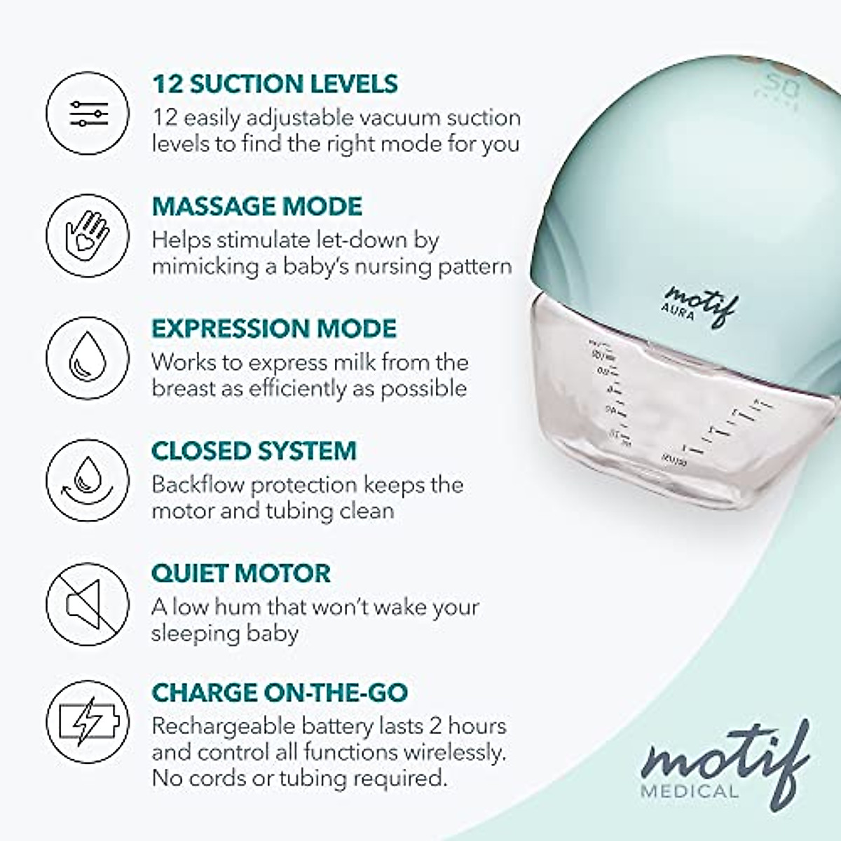 Motif Medical Aura Hands Free Portable Breast Pump, Wearable Double Breast Pump - Lightweight, Wireless, Battery Operated,12 Suction Levels, Holds 4+ oz, Pairs with App