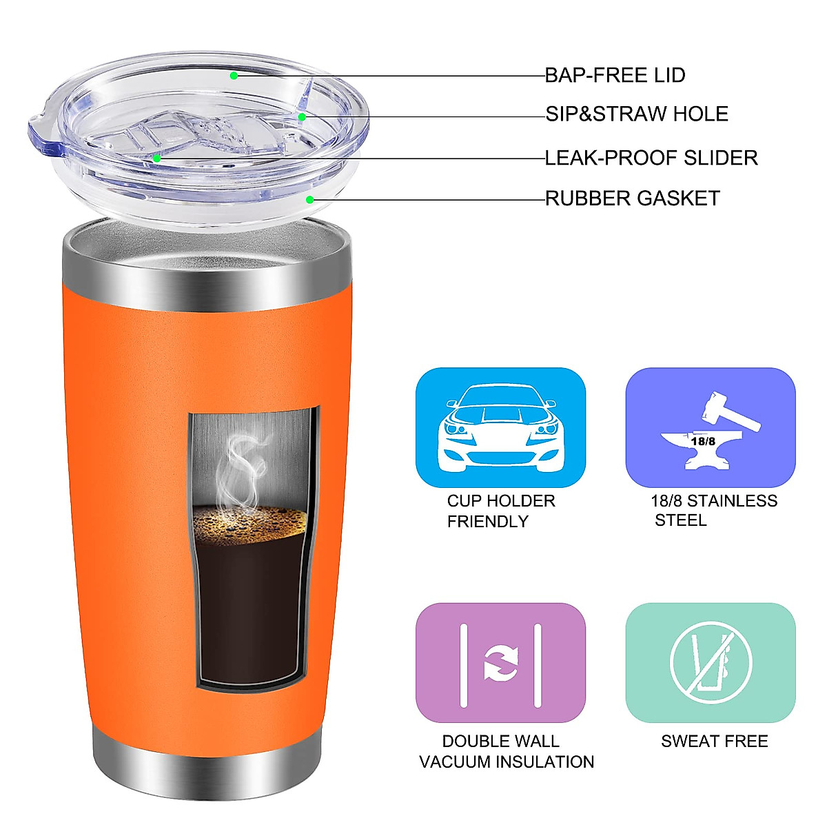 VEGOND 20oz Tumbler with Lid and Straw Stainless Steel Tumbler Cup Vacuum Insulated Double Wall Travel Coffee Mug Powder Coated Coffee Cup(Orange 1 Pack)