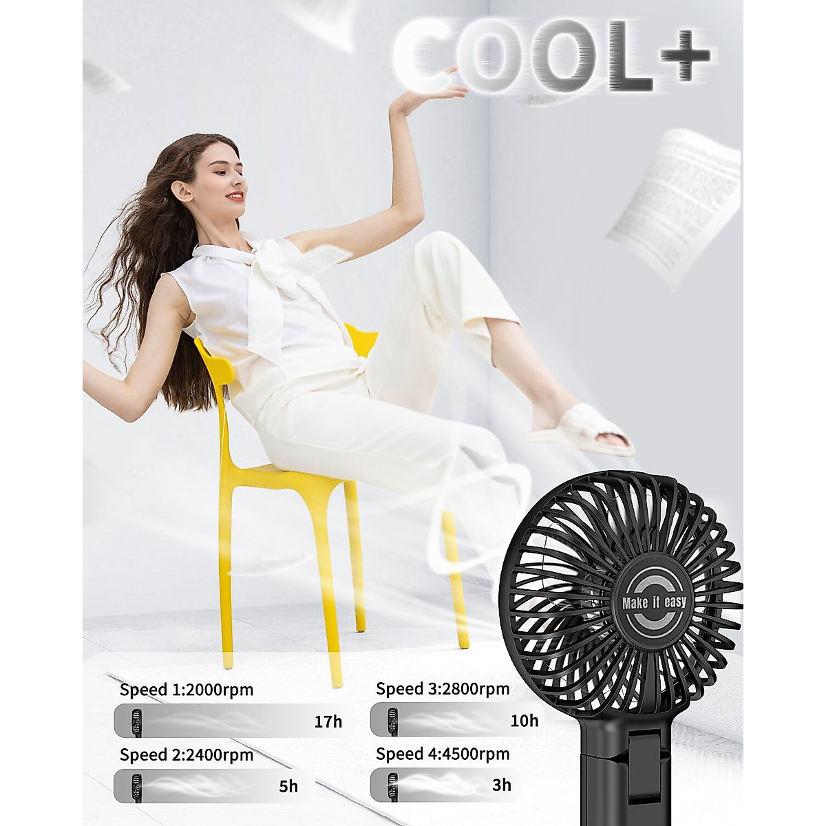 EasyAcc Handheld Fan, 2024 Newly Powerful Quiet Portable Fan Small Desk Fan [ 4 Speed/Battery Indicator/Easy Clean] 17H Battery Operated Fan One Touch Power Off Personal Fan for Travel Outdoor