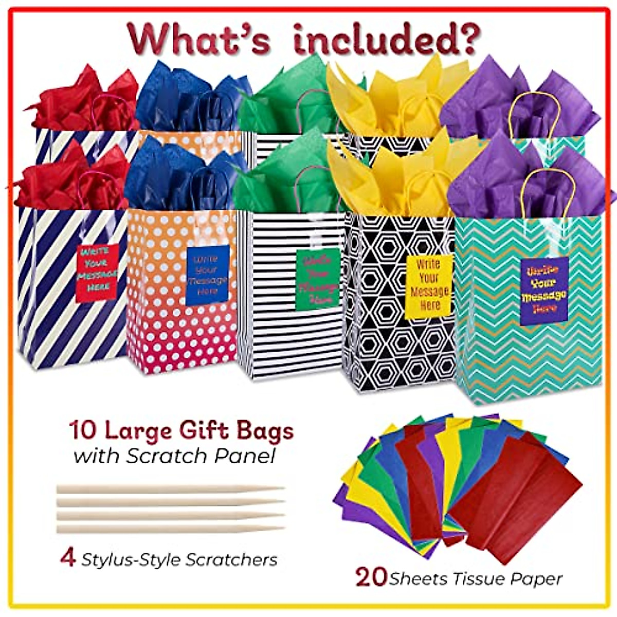 PURPLE LADYBUG 10 Premium Large Gift Bags for Presents with Handles - Unique Gift Bags Large Size with 5 Designs - Assorted Mothers Day Gift Bags - Great Birthday Gift Bag, Easter Gift Bags, & More