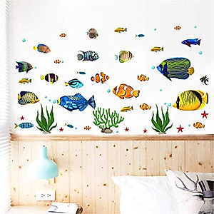 Fish Wall Stickers Under The Sea Decorative Wall Decals Coral Reef Fish Wall Stickers Peel and Stick Starfish Wall Art Sticker Decals for Kids Nursery Bedroom Living Room