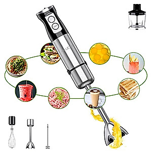 HOUCAE Hand Blender, Turbo for Finer Results, 4-in-1 Gift Set, 500 Watt 6-Speed Immersion Multi-Purpose Hand Blender Heavy Duty Copper Motor Brushed 304 Stainless Steel With Whisk, Milk Frother Attachments. Black.