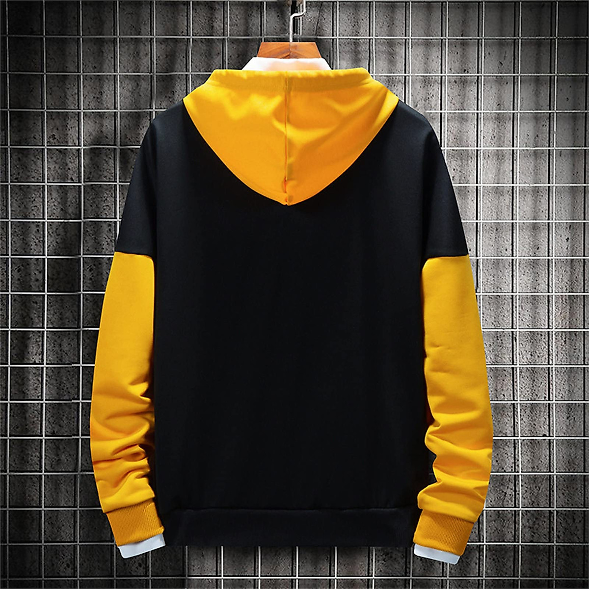 Maiyifu-GJ Men Patchwork Loose Fit Hoodie Pullover Color Block Hip Hop Hooded Sweatshirt Casual Long Sleeve Hoodies Outwear (Yellow,Medium)