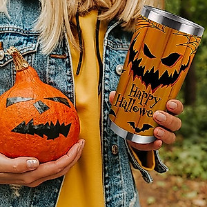 Zzkol Happy Halloween Jack O Lantern Tumbler with Lid and Straw, Pumpkin Bat Spider Web Stainless Steel Travel Coffee Cup, 20oz Funny Fall Autumn Double Wall Vacuum Insulated Mug Halloween Gifts