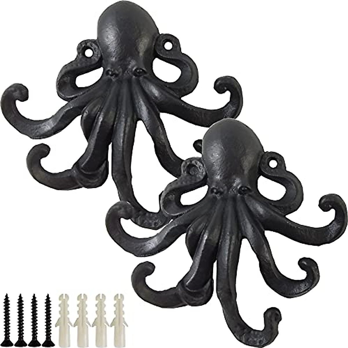 RONYOUNG 2PCS Heavy Duty Decorative Octopus Hook- Wall Mounted Coat Hooks/ Solid Cast Iron Unique Key Holders/ Home Decor (Black)