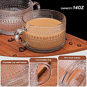 Bupto 4pcs Set Vintage Coffee Mug, Clear Patterned Glass With Handle, Bamboo Lid and Spoon -14 oz. Ideal for Latte, Milk, Overnight Oatmeal Yogurt Glass Teacups, Glassware Gifts(4 set)