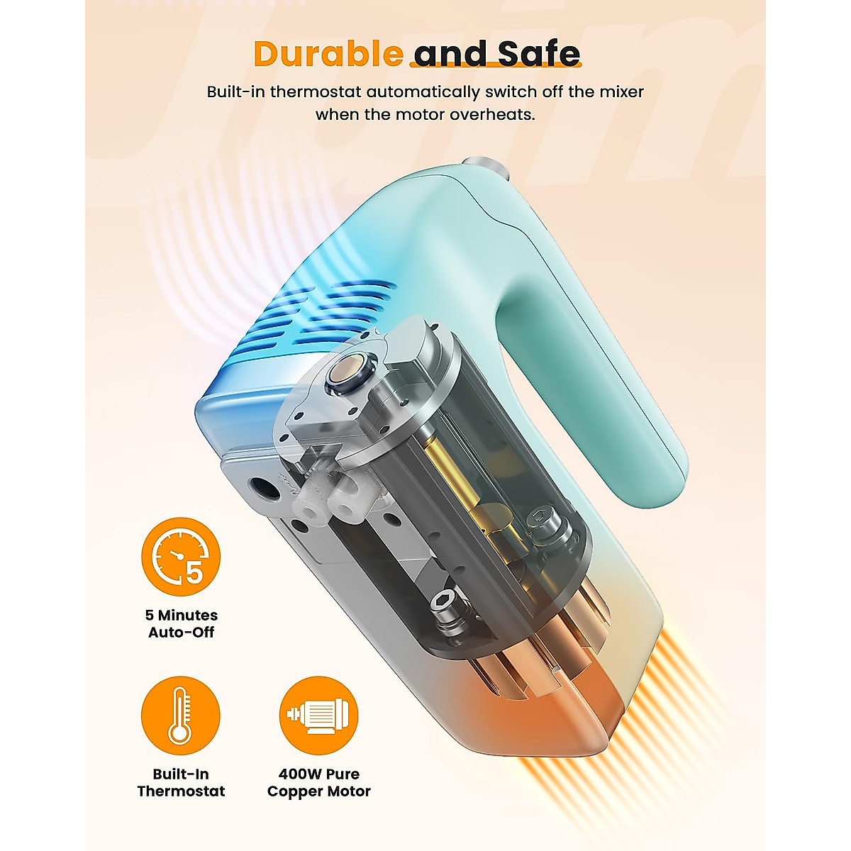 Juimma Hand Mixer Electric Handheld, 9-Speed 400W Kitchen Food Mixer with Digital Display and Touch Button, 5 Min Timer, Storage Case, 6 Stainless Steel Accessories, for Eggs Cream Cake Dough, Mint