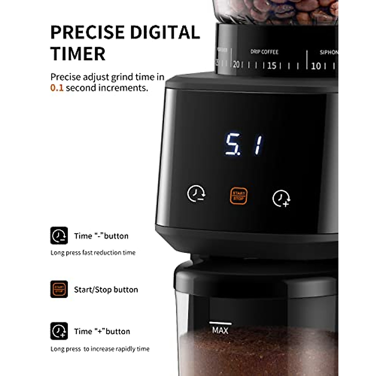 SHARDOR Conical Burr Coffee Grinder with Digital Timer Display, Electric Coffee Bean Grinder with 31 Precise Settings for Espresso/Drip/Pour Over/Cold Brew/French Press, Matte Black