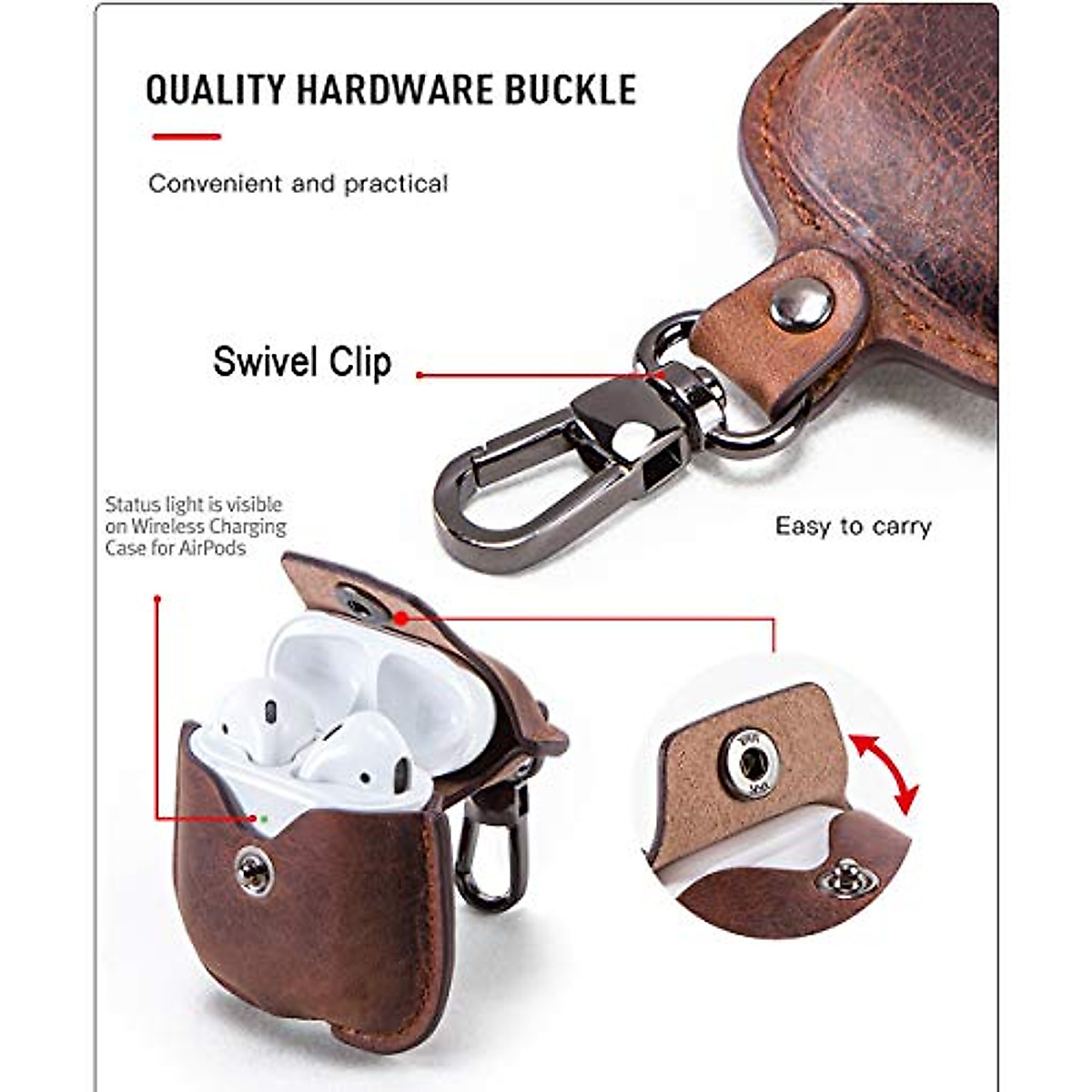 for AirPods Case, Personalized Genuine Leather Portable Protective Case/Cover Shockproof with Loss Prevention Clip for Apple AirPods 1 & 2 Case & Wireless Charging Case (Customize, Brown)