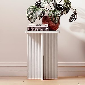 Square Fluted Accent Side Table - Drink Table - Living Room Furniture - Modern Home and Bedroom Decor - Pedestal Side Table with a Solid Oak Base (White)
