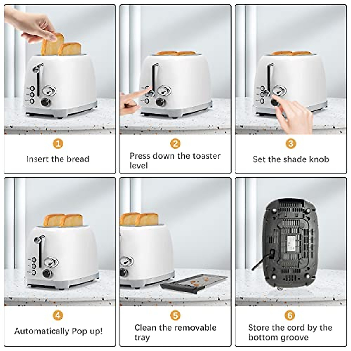 Toaster 2 Slice ,1.5"Extra Wide Slots Toaster,Retro Stainless Steel with Bagel, Cancel, Defrost, Reheat Function and 6-Shade Settings, Removal Crumb Tray (White)