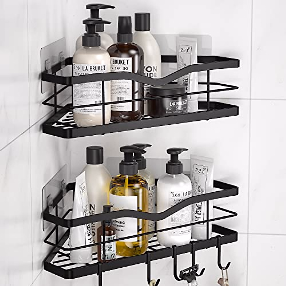 Corner Shower Caddy, MFTEK 2 Pack Shower Shelves Bathroom Shower Organizers Rack with Hooks, No Drilling Rustproof Adhesive Shower Shelf for Bathroom Storage, Black