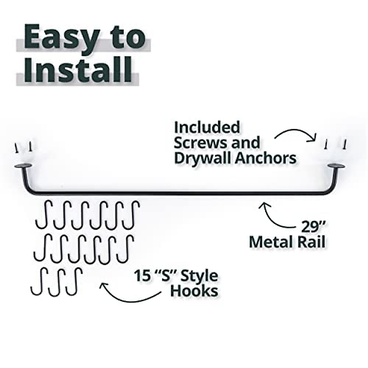 Greenco Pot and Pan Wall Mounted Rail Hanger Racks| Cookware Set and Storage Organization| 15-Hook Hanging Rack | Black Pots and Pans Organizer | Great For Kitchen Shelf